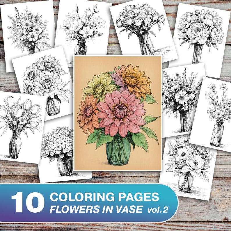 Flowers in a Vase Vol 2. 10 Floral Coloring Book Pages. Printable PDF ...