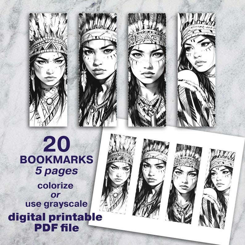 Bookmark With Native American Indian Woman. 20 Printable Unique ...