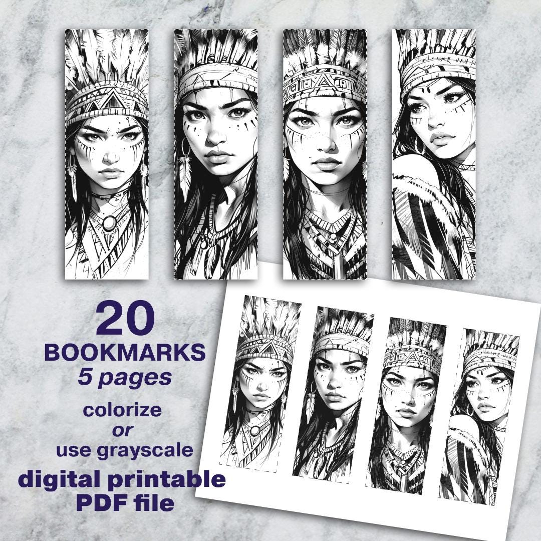 Bookmark With Native American Indian Woman. 20 Printable Unique ...