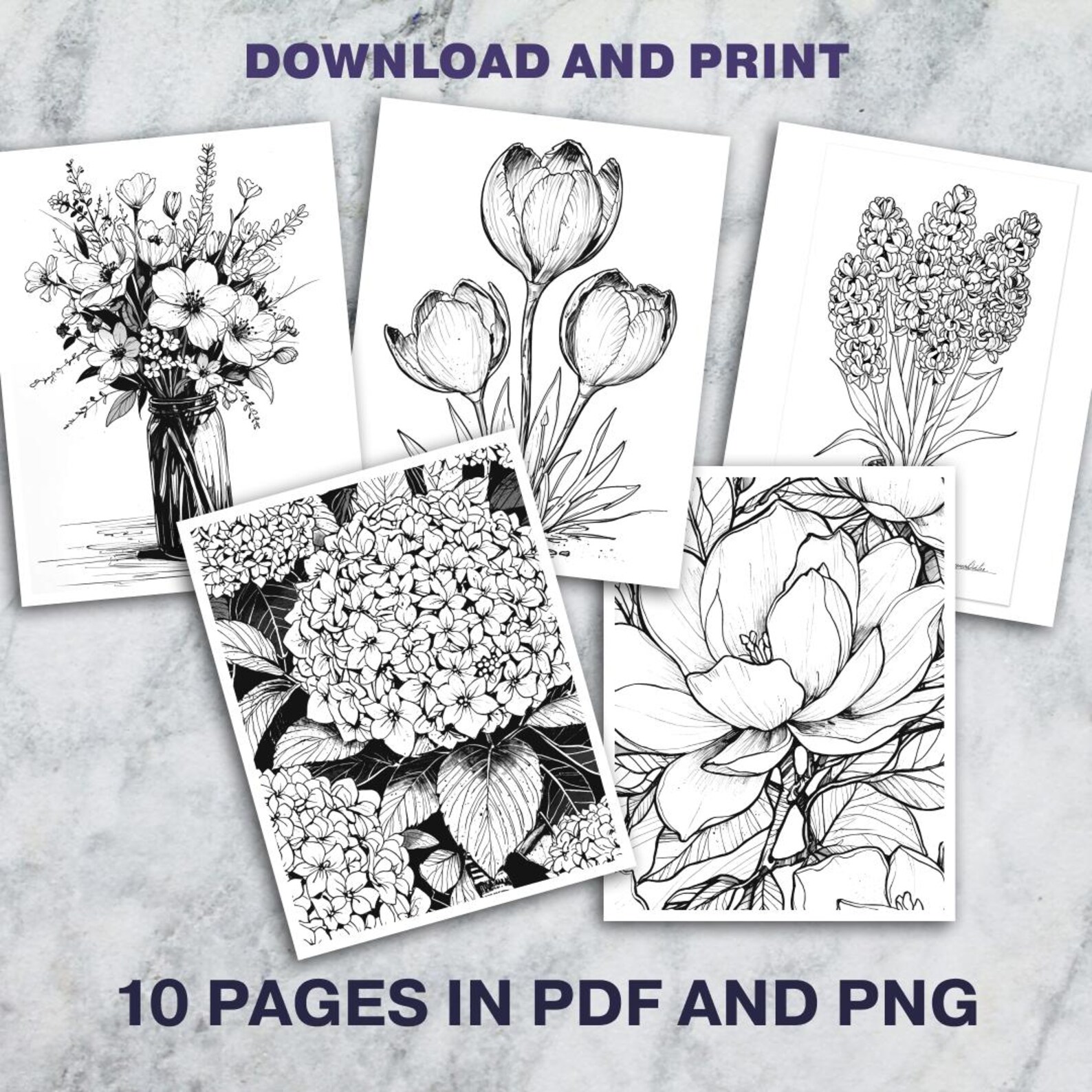 10 Floral Coloring Book Pages. Spring Flowers Blossom VOL1 in Dark ...