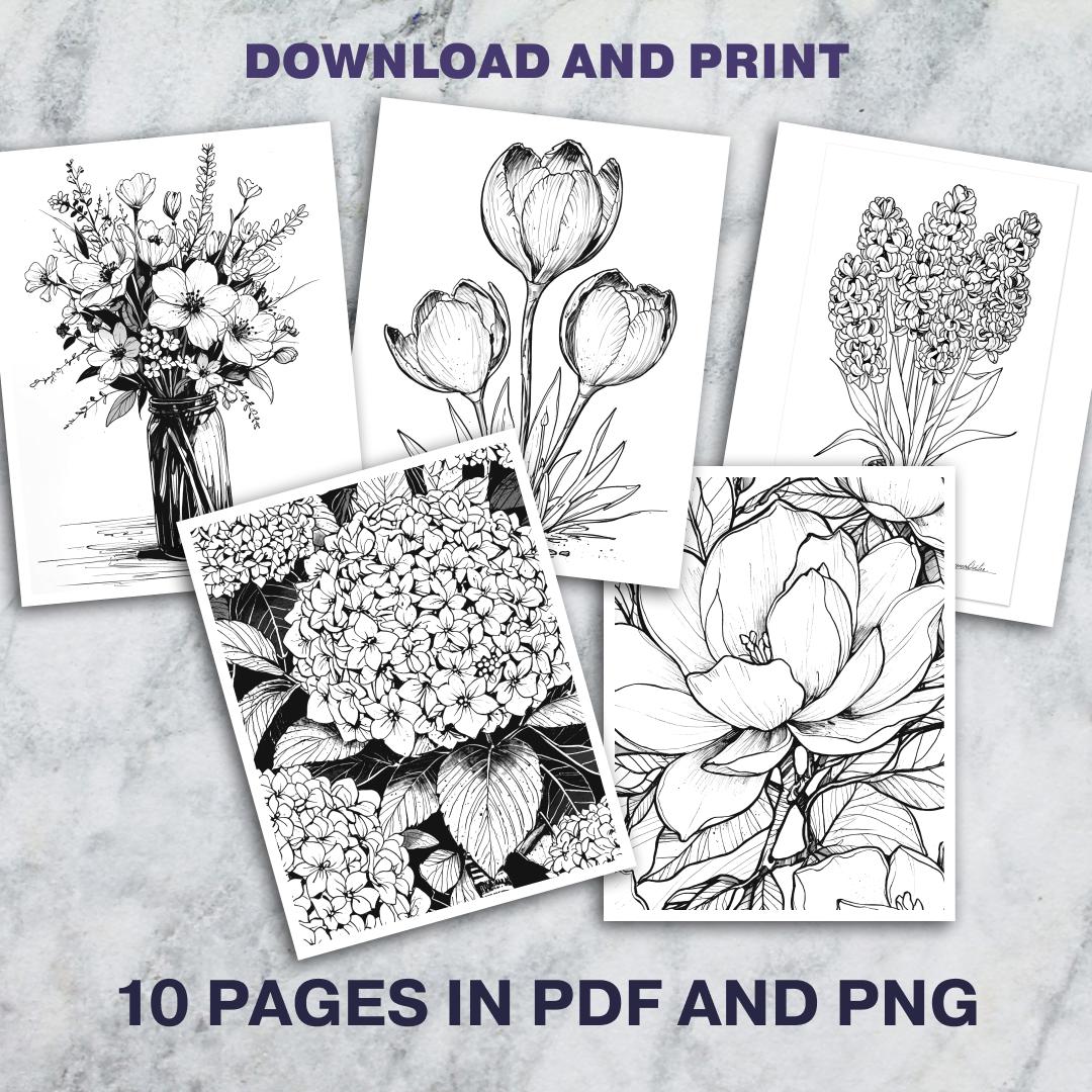 10 Floral Coloring Book Pages. Spring Flowers Blossom VOL1 in Dark ...