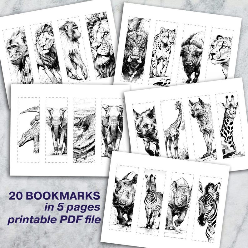 African Animals Coloring Bookmarks: Ink Drawing, 20 Printable Pages ...