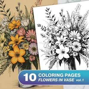 10 Coloring Pages Bouquet of Flowers in a Vase Vol 1. Printable Floral ...