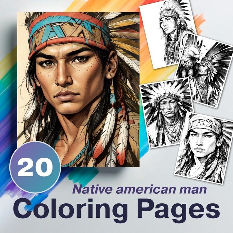 Native American Man Portraits: 20 Coloring Pages (printable PDF) - Etsy