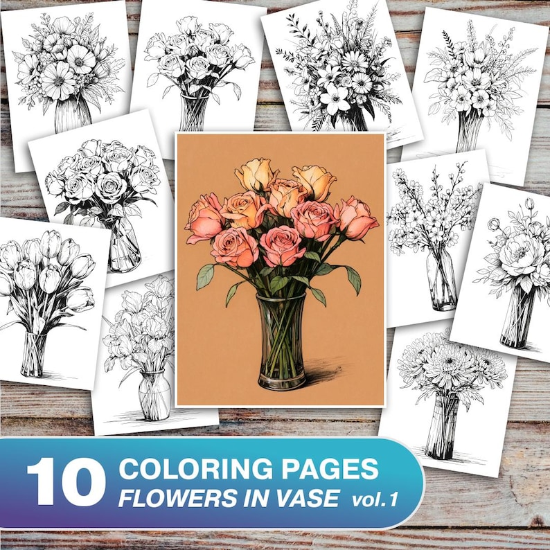10 Coloring Pages Bouquet of Flowers in a Vase Vol 1. Printable Floral ...