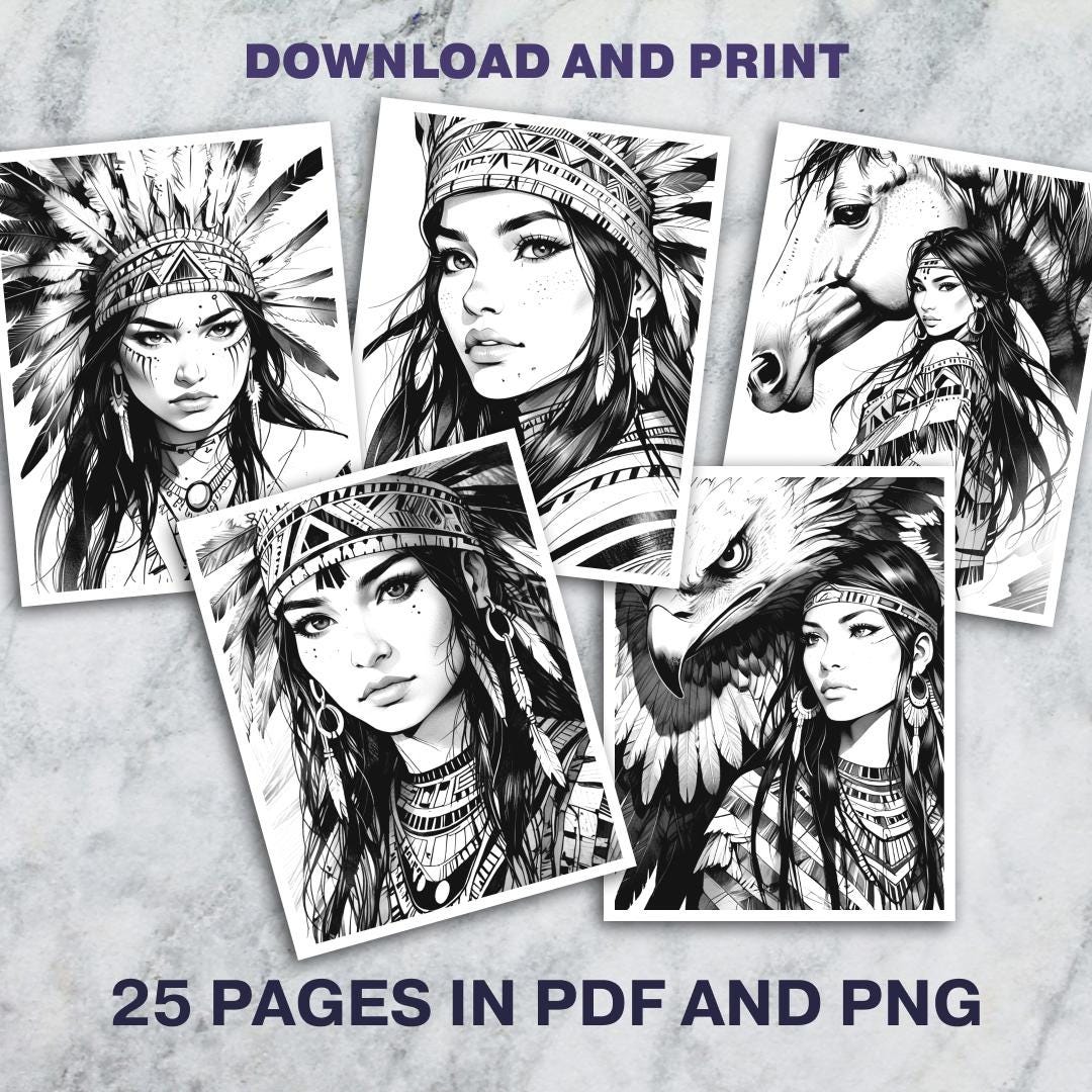 Native American Women Portraits: 25 Coloring Book Pages (digital PDF ...