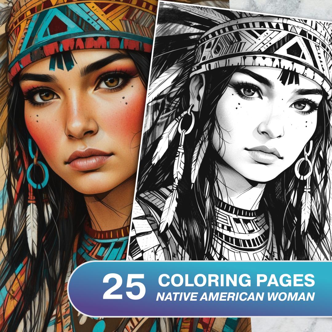 Native American Women Portraits: 25 Coloring Book Pages (digital PDF ...