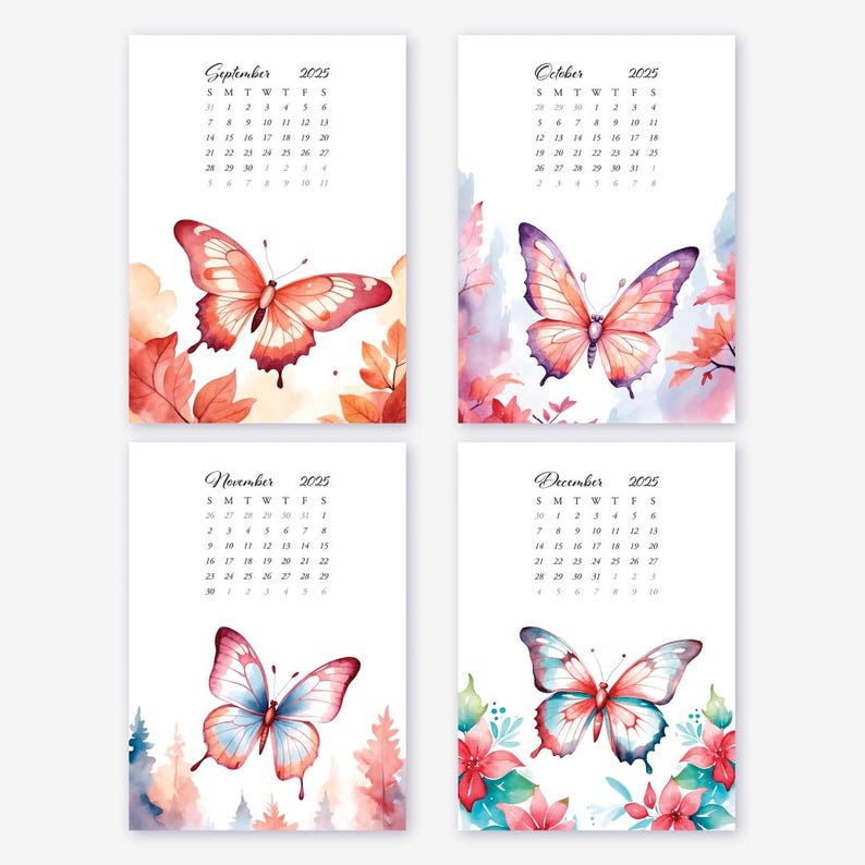 2025 Butterfly Calendar: Watercolor Monthly Cards (5x7 Inch) (digital ...