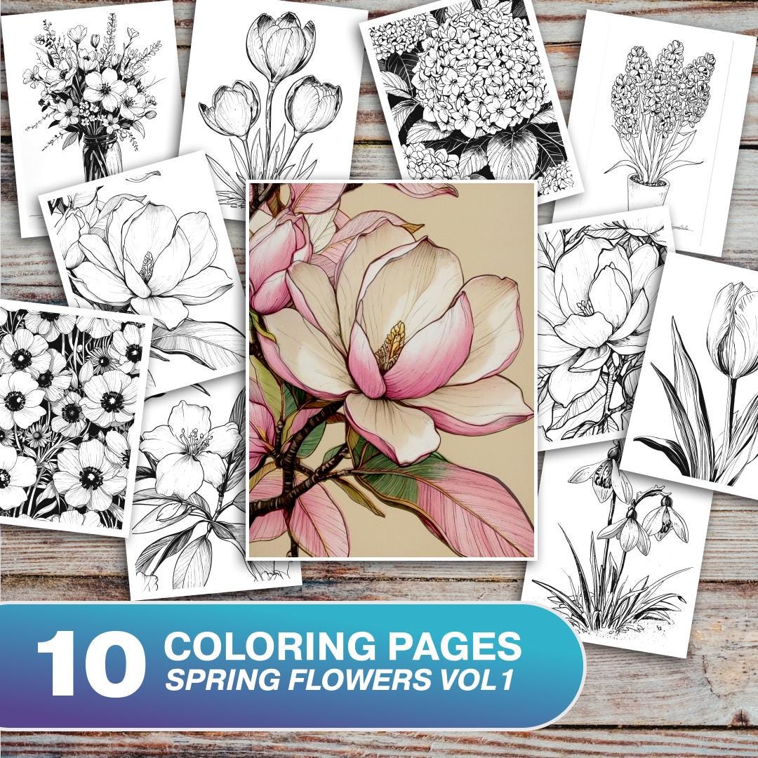 Floral Coloring Book Pages: Spring Flowers, Dark & Light (PDF Download ...