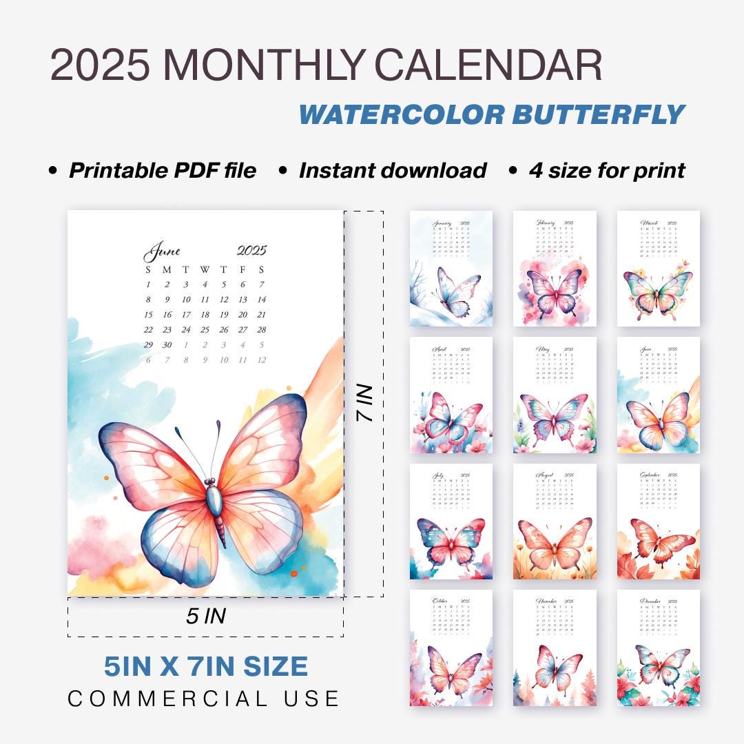2025 Butterfly Calendar: Watercolor Monthly Cards (5x7 Inch) (digital ...