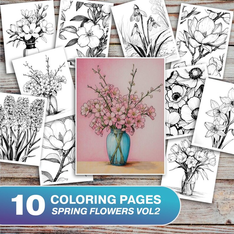 Spring Flowers Coloring Book Pages VOL2 10 Floral Designs in Dark ...