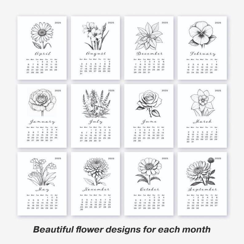 2025 Flower Coloring Calendar | Monthly Printable | 12 Pages to Color ...