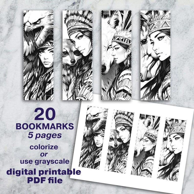 Bookmark With Native American Indian Woman. 20 Printable Unique ...