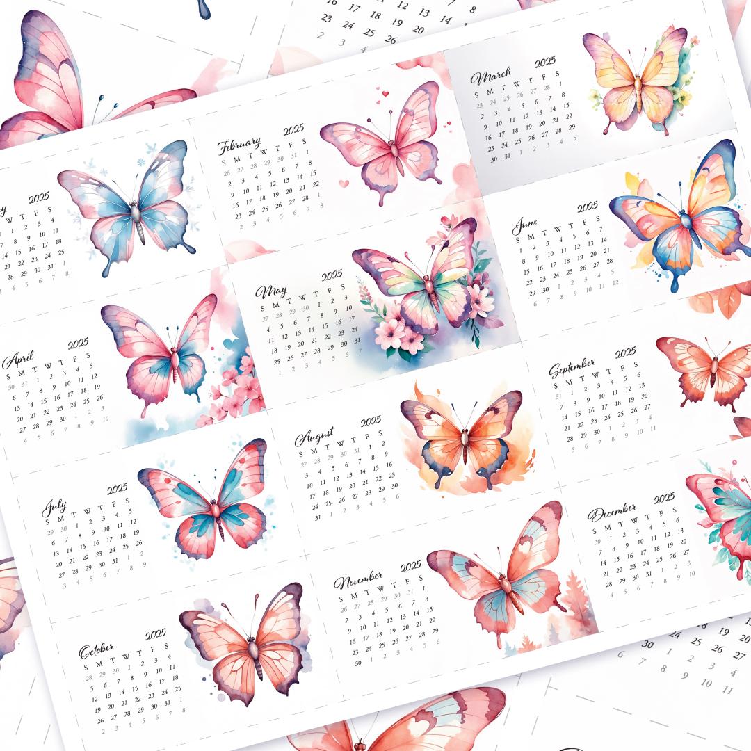 Watercolor Butterfly Mini Calendars 2025: Elegant Monthly Cards (PDF ...
