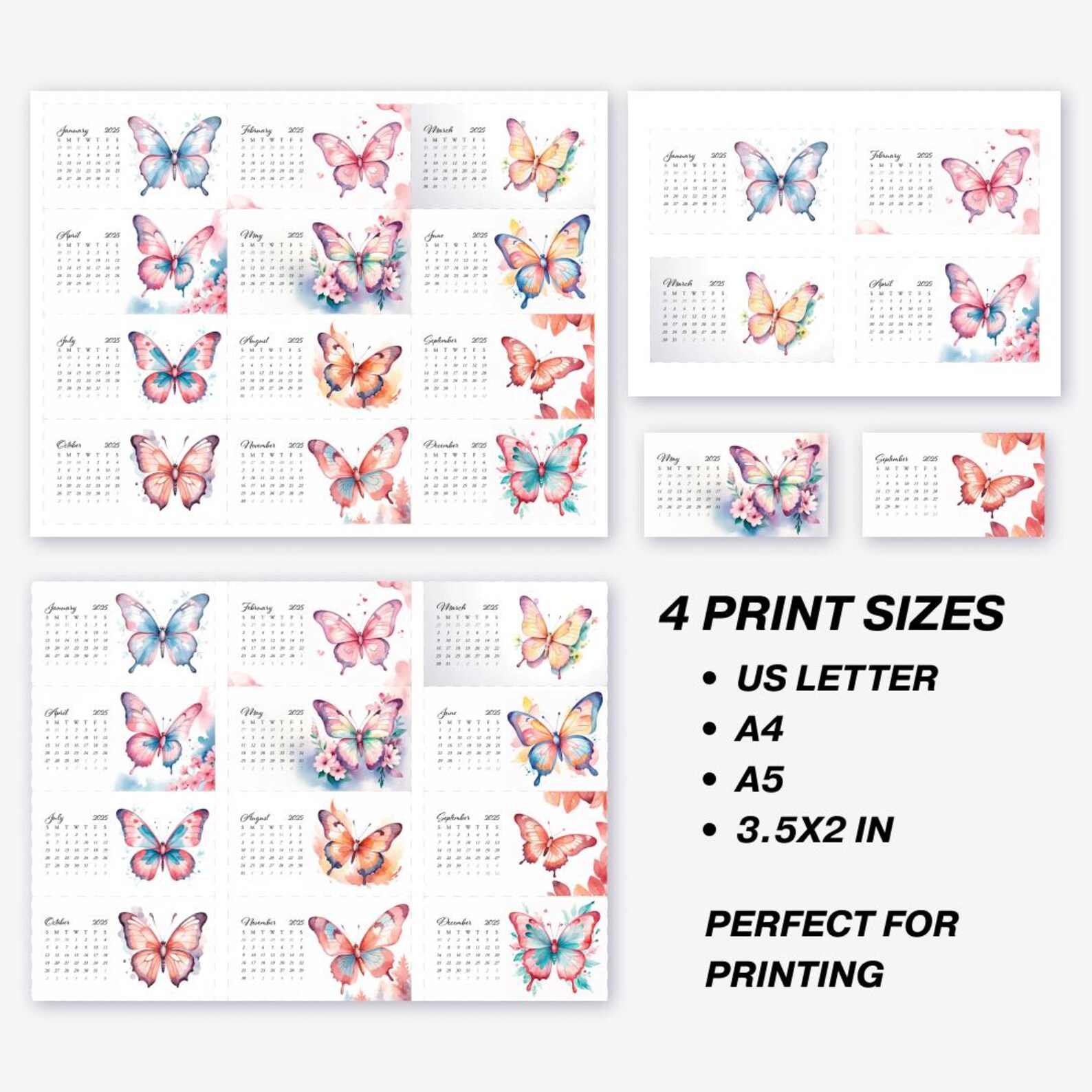 Watercolor Butterfly Mini Calendars 2025: Elegant Monthly Cards (PDF ...