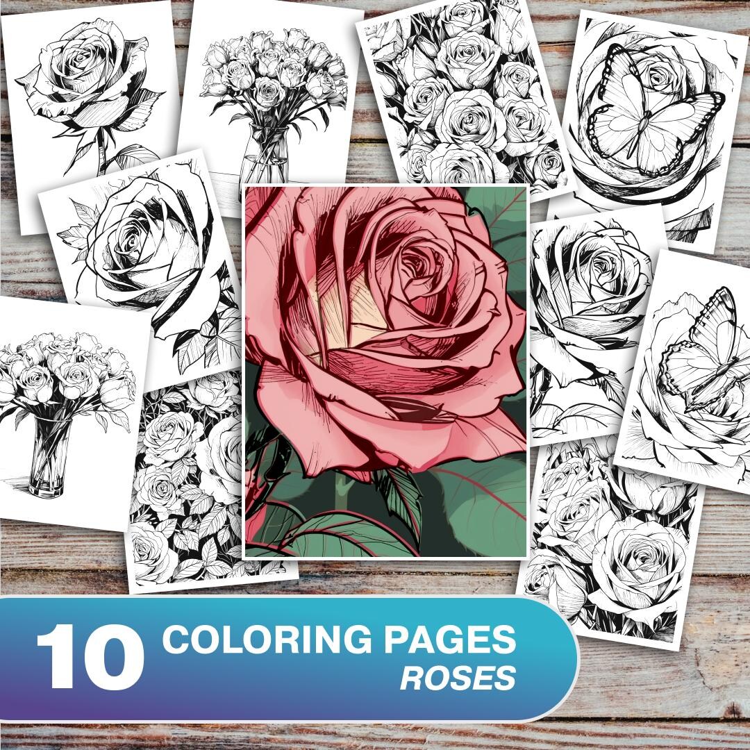 Rose Coloring Book Pages: Floral Designs for Relaxation (PDF Digital ...