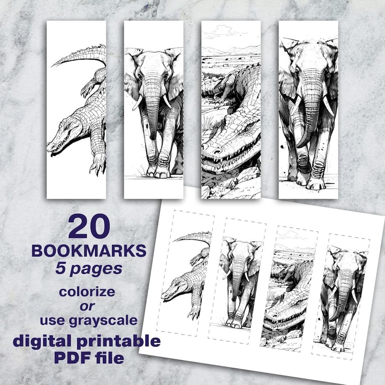African Animals Coloring Bookmarks: Ink Drawing, 20 Printable Pages ...
