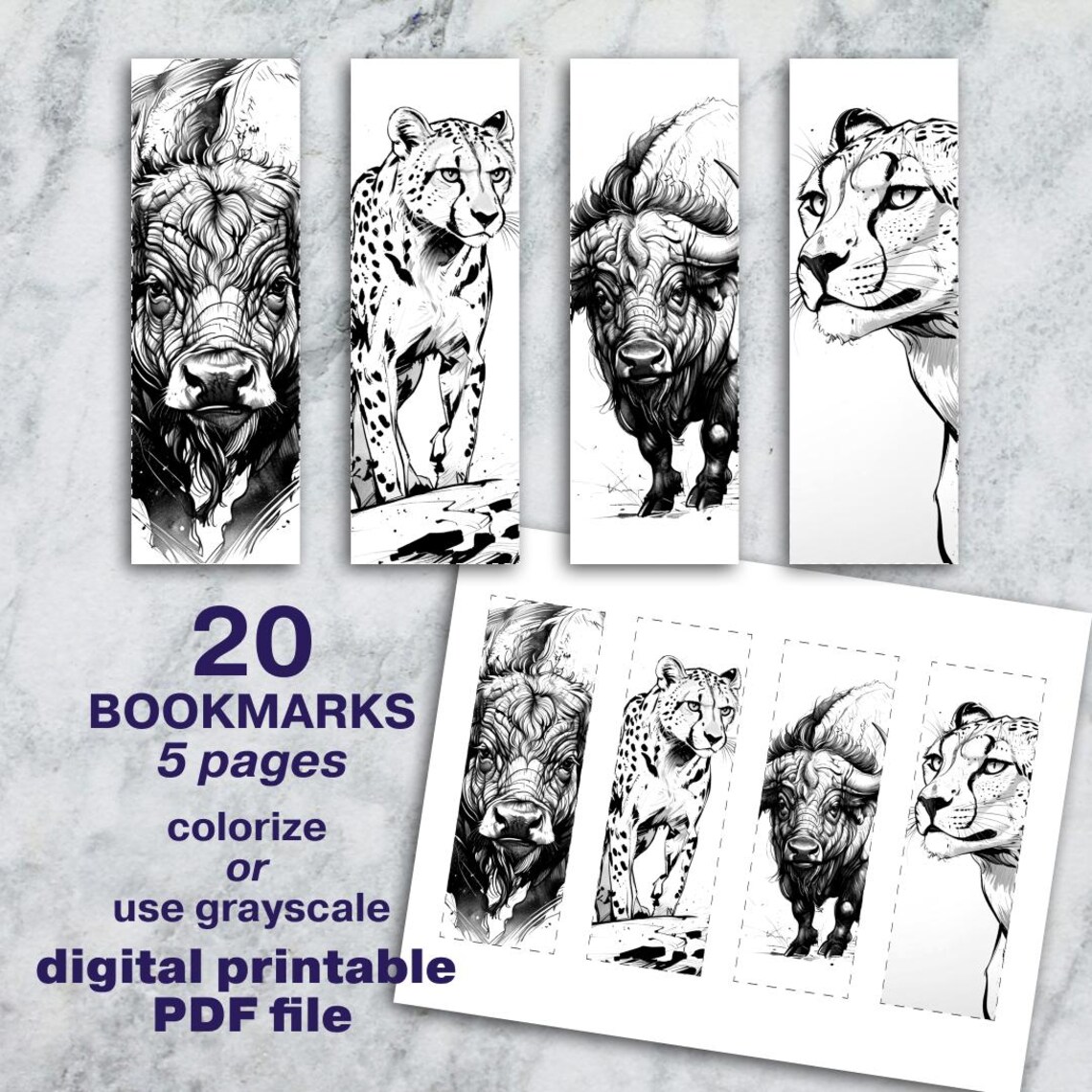 African Animals Coloring Bookmarks: Ink Drawing, 20 Printable Pages ...