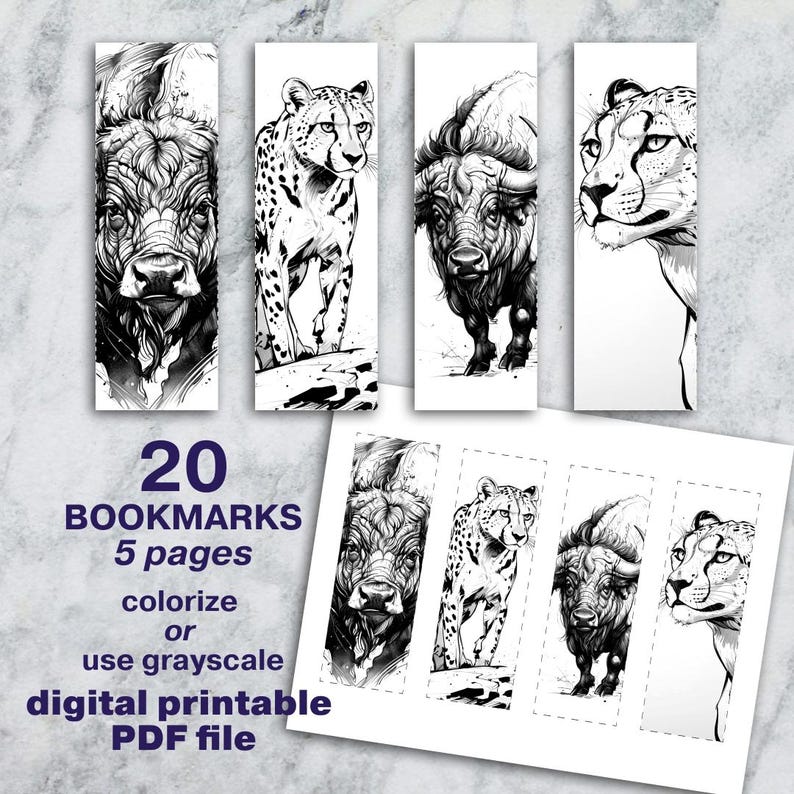 African Animals Coloring Bookmarks: Ink Drawing, 20 Printable Pages ...