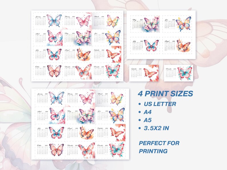 2026 Mini Calendar Printable | Watercolor Butterfly Design (PDF) - Etsy