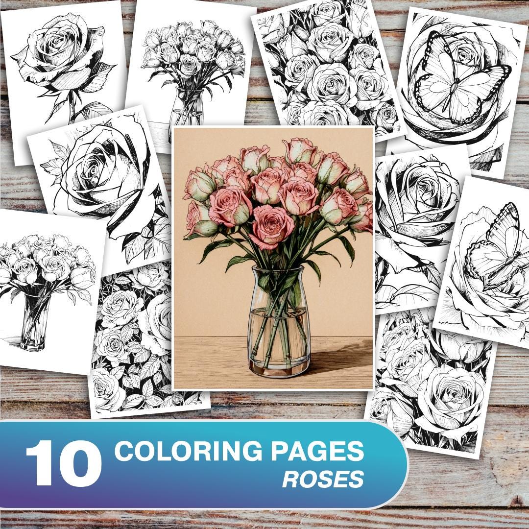 10 Rose Flower Coloring Book Pages for Adult in Dark & Light Versions ...