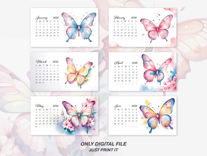 2026 Mini Calendar Printable | Watercolor Butterfly Design (PDF) - Etsy