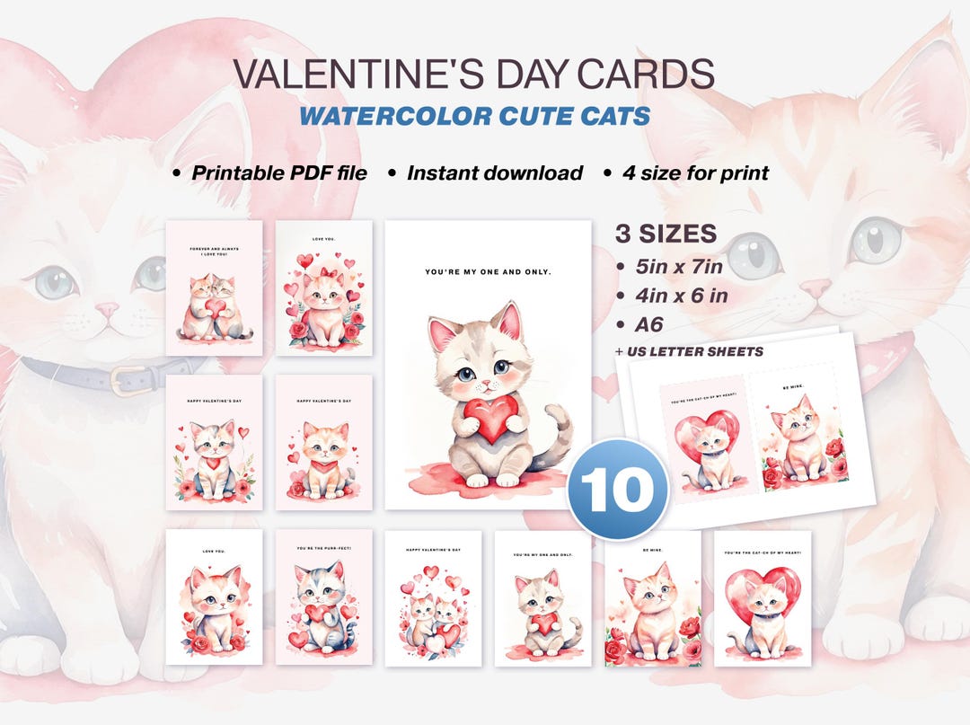 Printable Valentine's Day Cards Featuring Watercolor Cats - Set of 10 ...