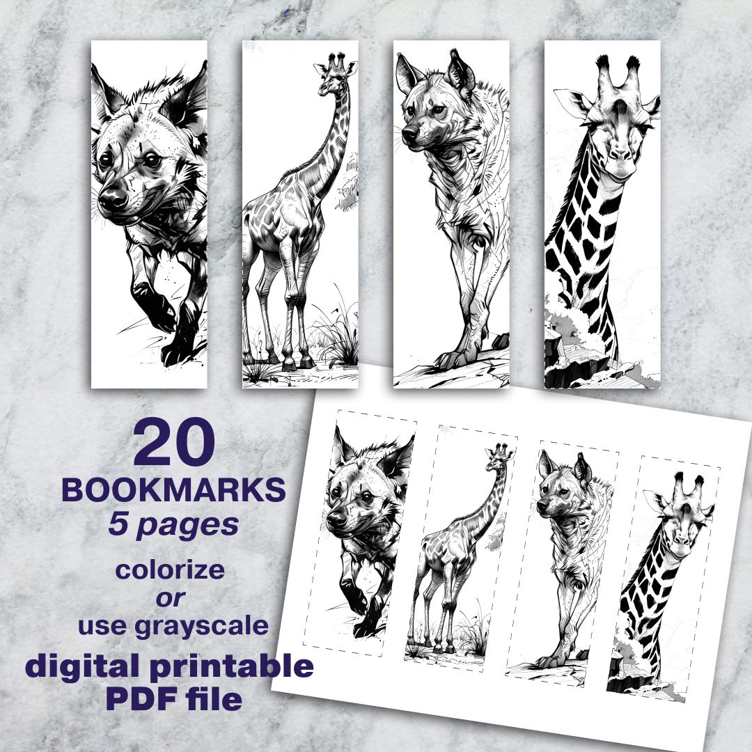 African Animals Coloring Bookmarks: Ink Drawing, 20 Printable Pages ...