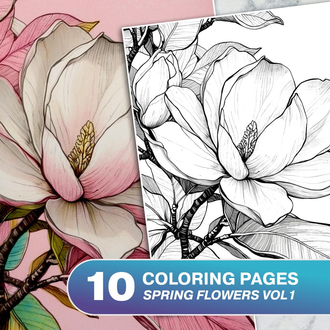 10 Floral Coloring Book Pages. Spring Flowers Blossom VOL1 in Dark ...