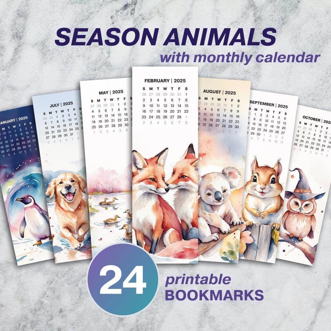 Printable Bookmark Monthly Calendar 2025 | Watercolor Animal Designs ...