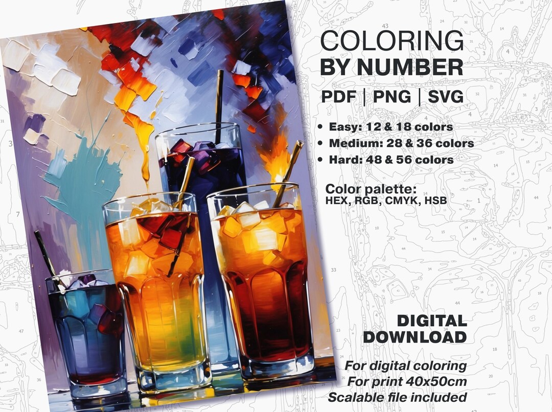 Drinks Coloring by Numbers: Printable Art (PDF, PNG, SVG) - Etsy