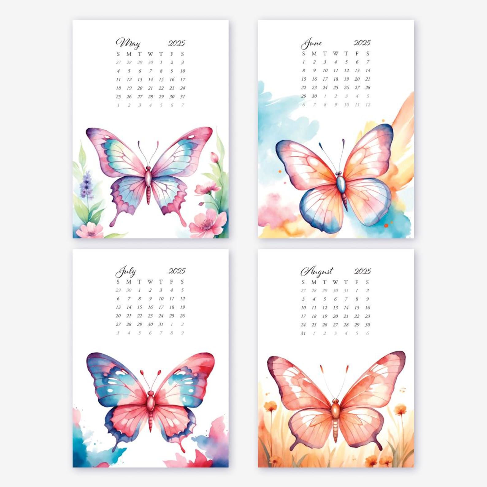 2025 Printable Butterfly Calendar | 5x7 Inch Cards | Watercolor ...
