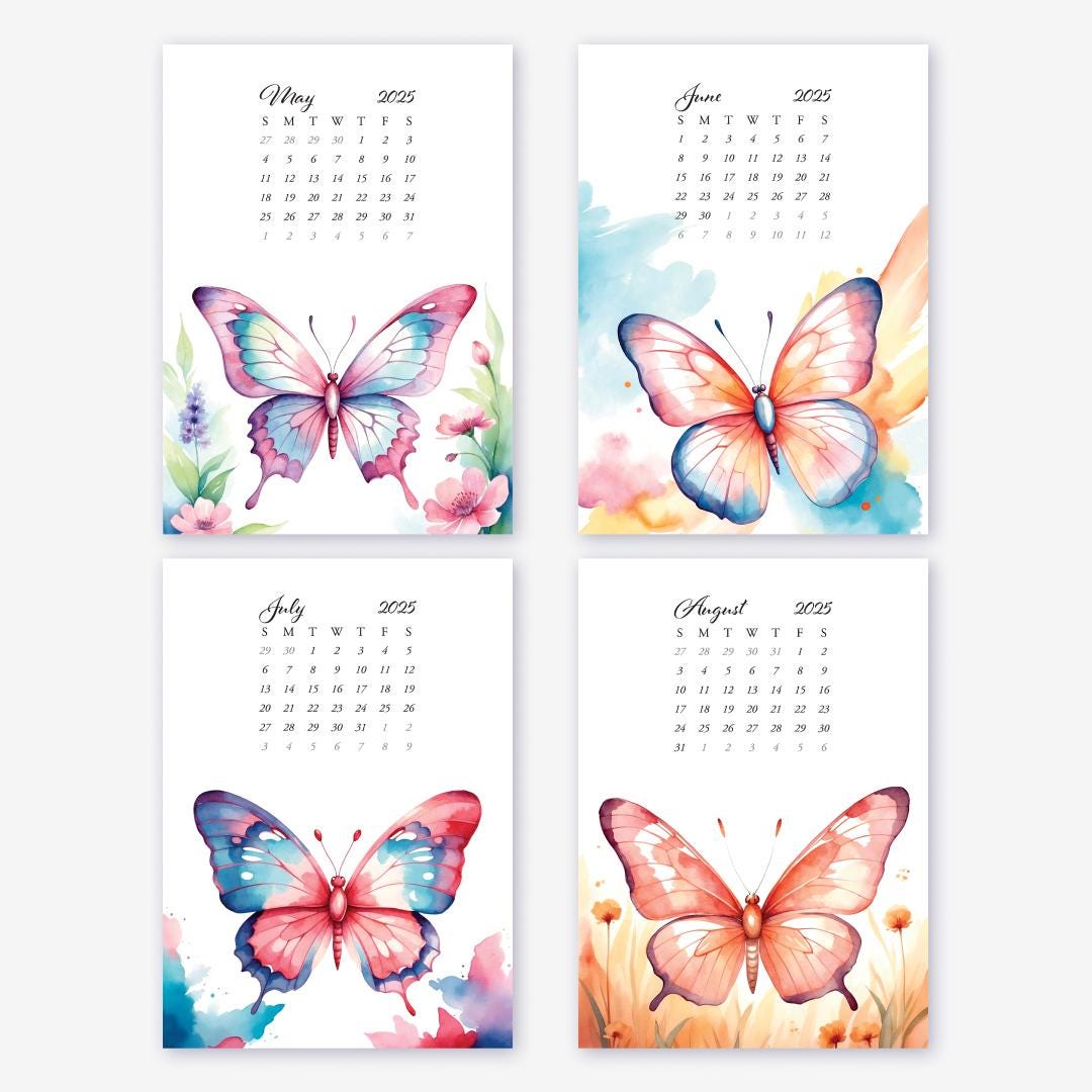 2025 Butterfly Calendar: Watercolor Monthly Cards (5x7 Inch) (digital ...