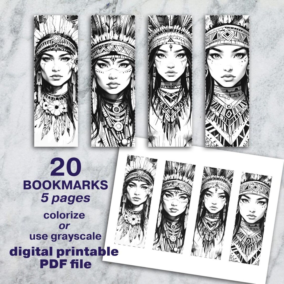 Bookmark With Native American Indian Woman. 20 Printable Unique ...