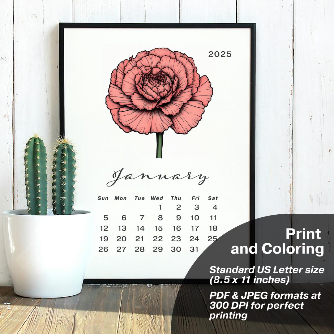 2025 Flower Coloring Calendar | Monthly Printable | 12 Pages to Color ...