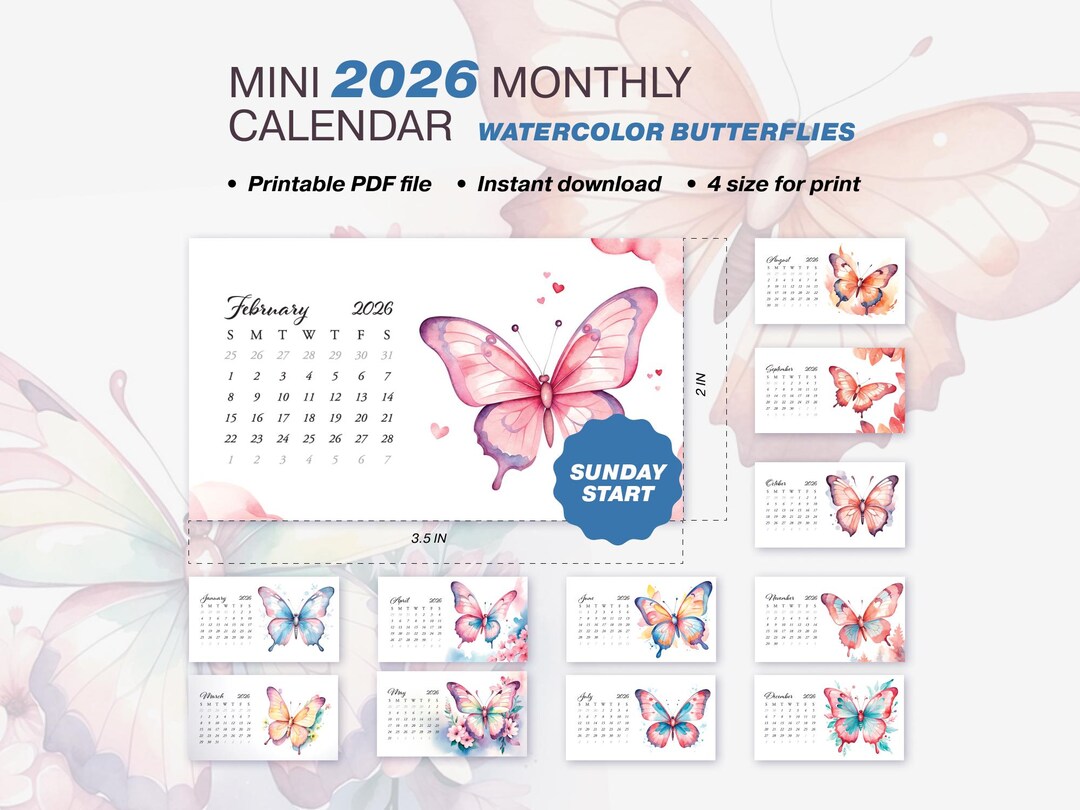 2026 Mini Calendar Printable | Watercolor Butterfly Design (PDF) - Etsy