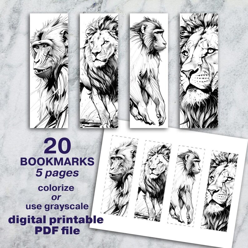 African Animals Coloring Bookmarks: Ink Drawing, 20 Printable Pages ...