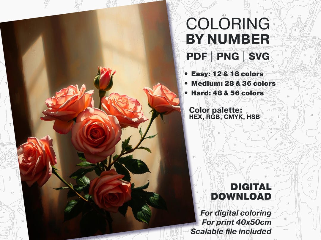 Rose Flowers – Coloring by Numbers | Digital Download | PDF, PNG, SVG ...