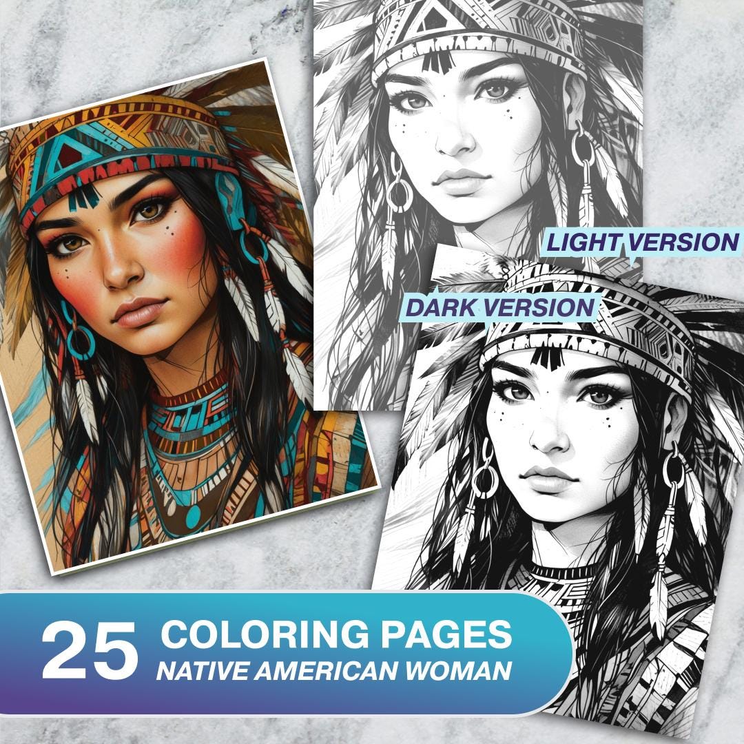 Native American Women Portraits: 25 Coloring Book Pages (digital PDF ...