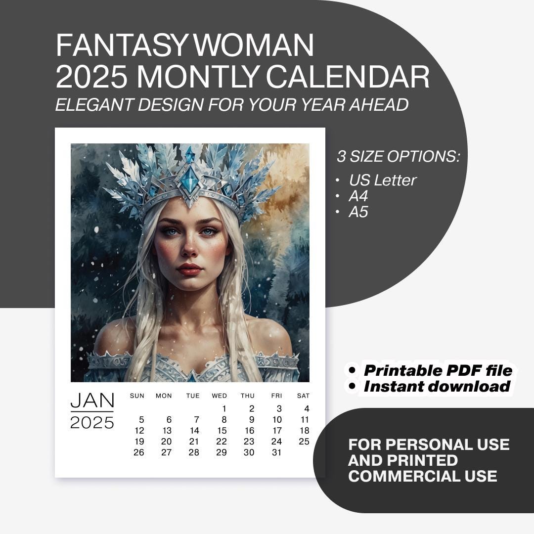 2025 Monthly Fantasy Woman Calendar - Printable Pdfs in US Letter, A4 ...