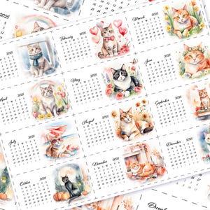 Printable Mini Calendars 2025 Watercolor Cats Design 12 Monthly Cards 3 ...