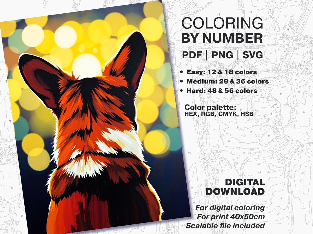 Pet Dog Corgi – Coloring by Numbers. Pet Portrait Coloring. Digital ...