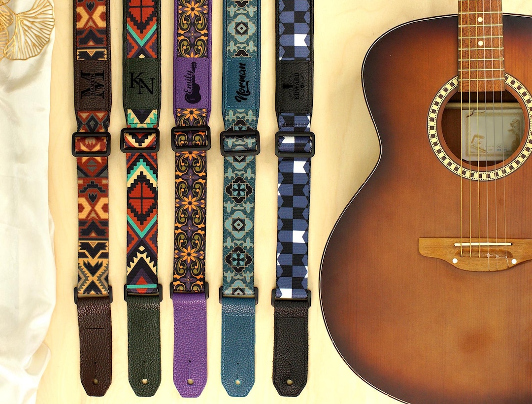 Personalized Leather Guitar Strap With Patterned Nylon, Adjustable ...