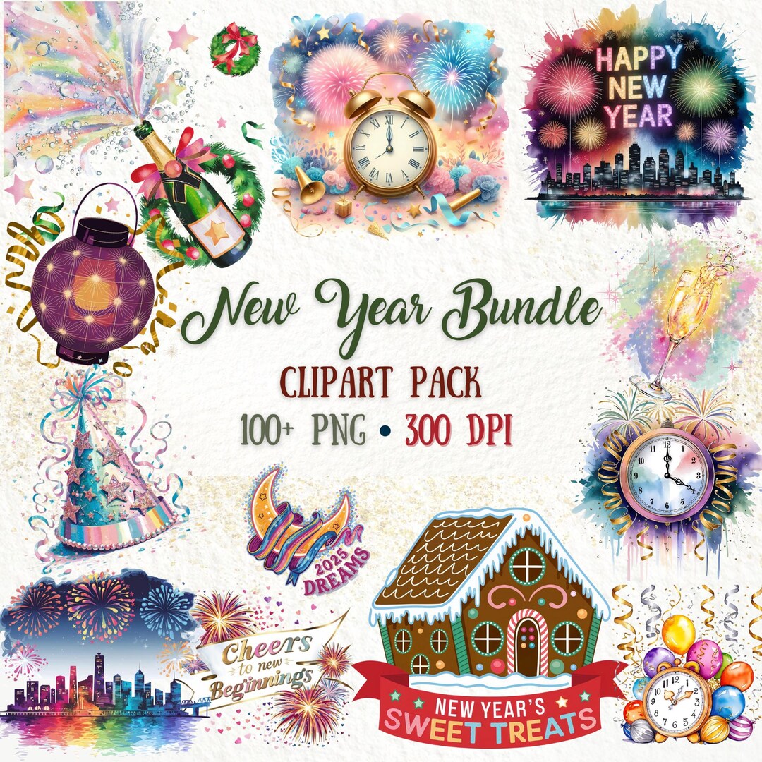 New Year Bundle Clipart | 100+ PNG Designs for Stickers, POD, Planners ...
