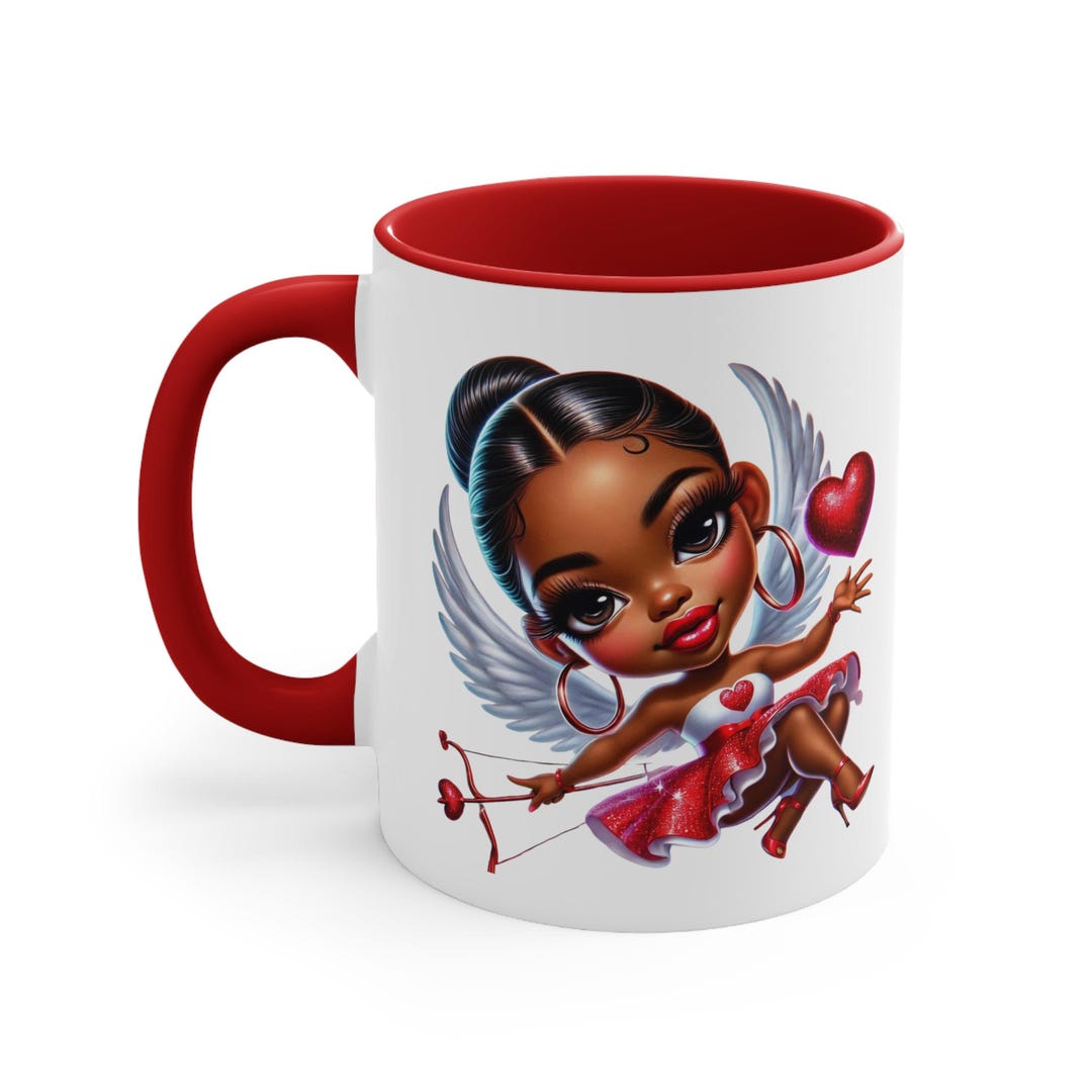 Custom Valentine's Day Mug, Cute Black Cupid Angel, Red or Black Accent ...