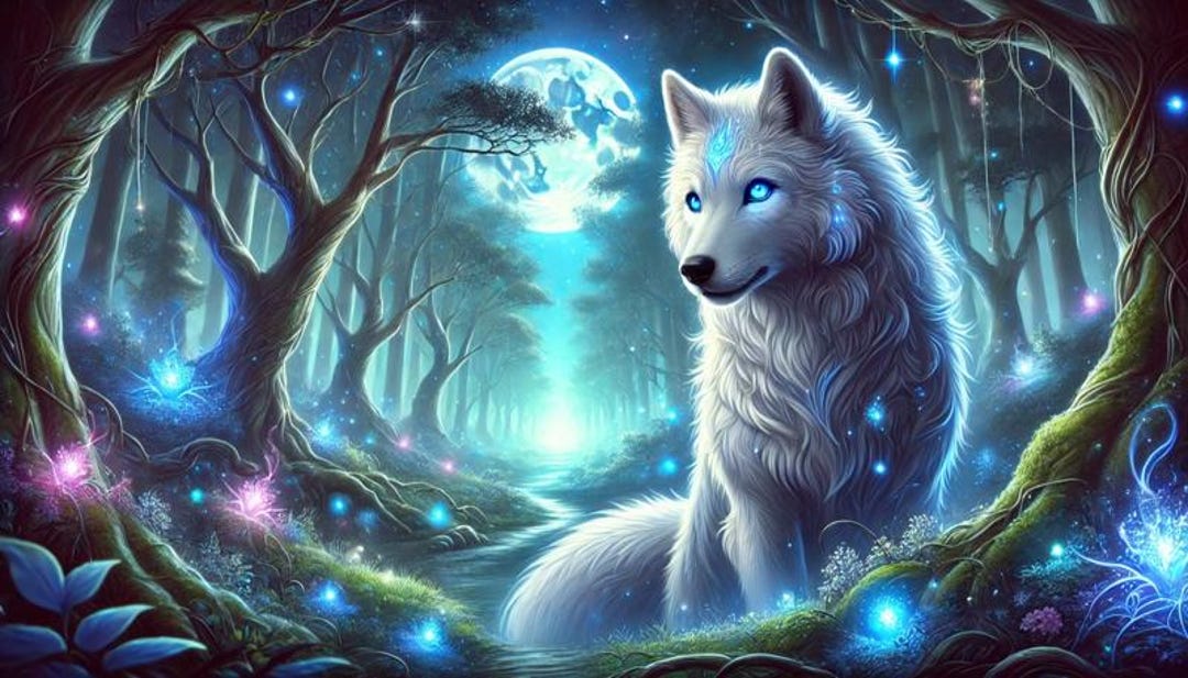 Mystical Wolf in Enchanted Forest – Digital Fantasy Art Print - Etsy