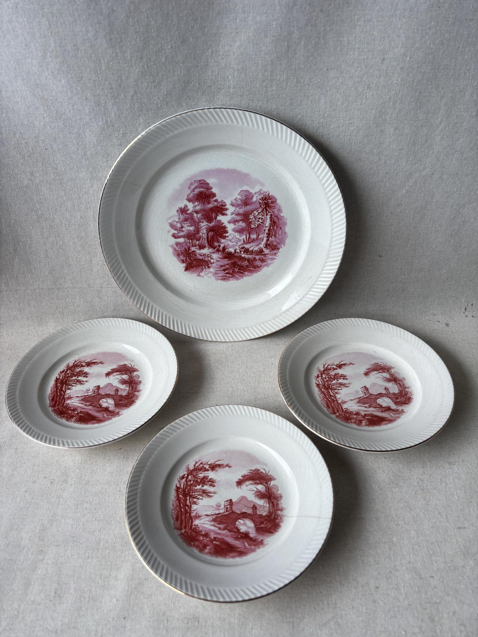 Vintage Red Transferware Plate Set of 4 | 1950s Landscape Ceramic ...