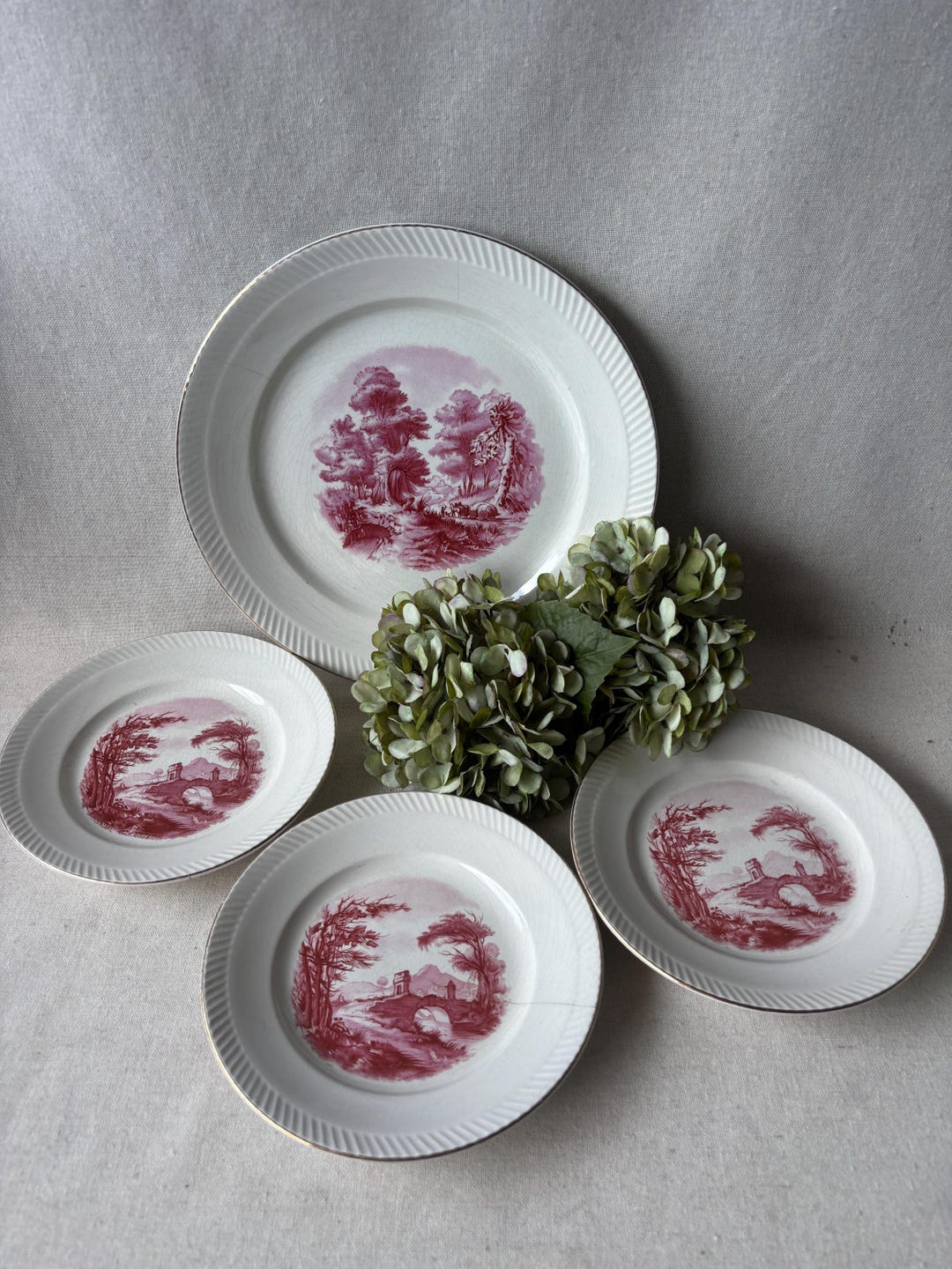 Vintage Red Transferware Plate Set of 4 | 1950s Landscape Ceramic ...