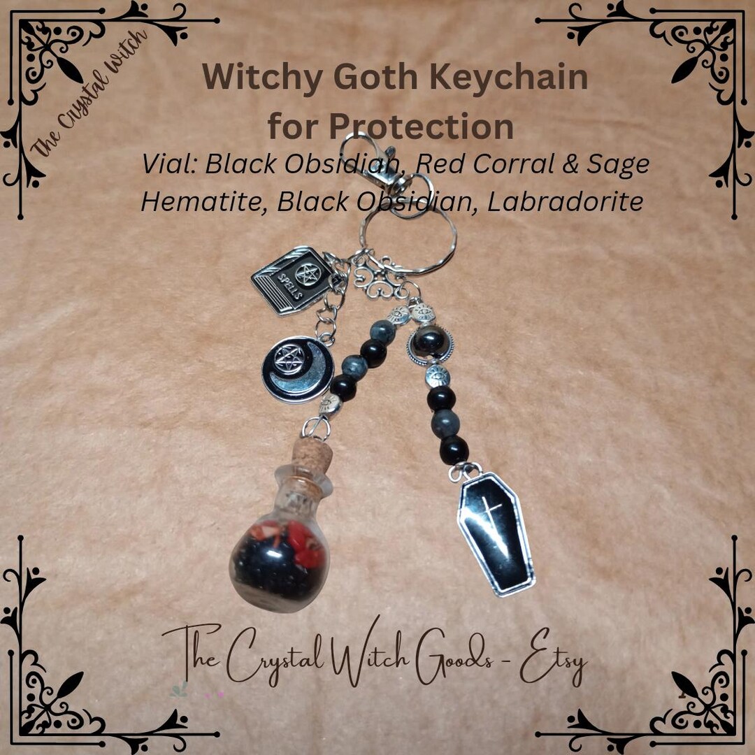 Witchy Goth Protection Keychain. Black Obsidian, Hematite, Labradorite ...