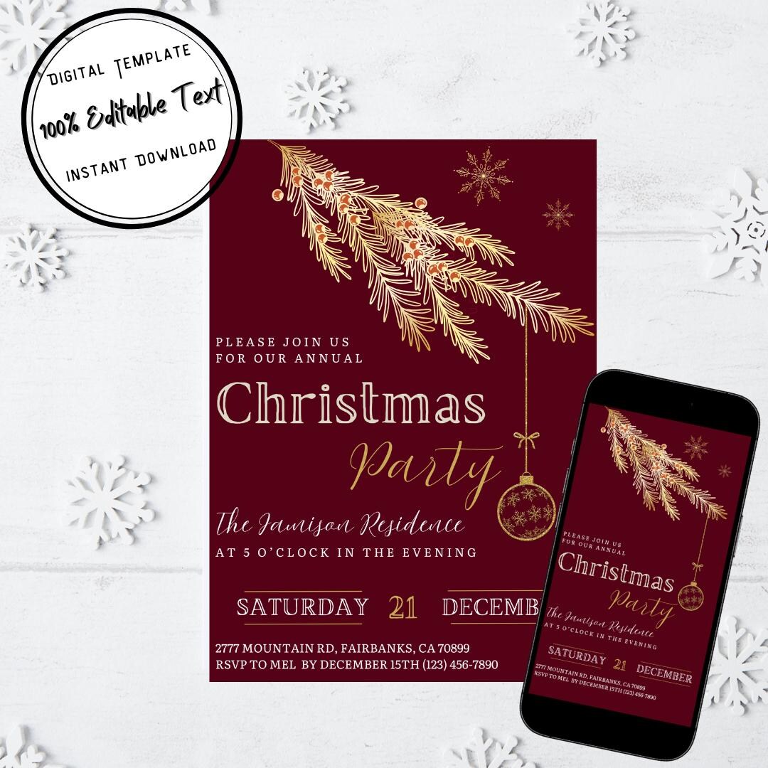 Red and Gold Christmas Party Invitation: Minimalist Tree Branch ...
